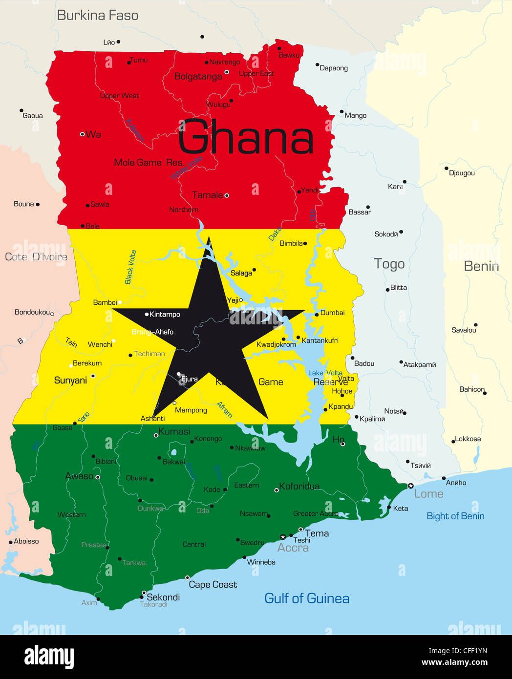 Abstract vector color map of Ghana country colored by national flag ...