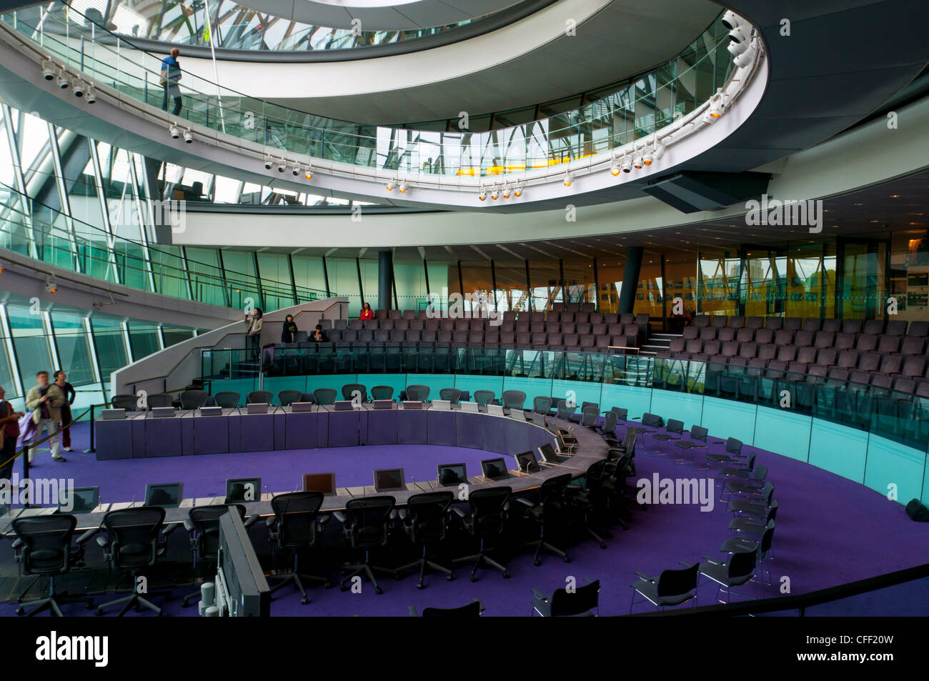 Helical staircase and debating chamber, City Hall, London, England ...