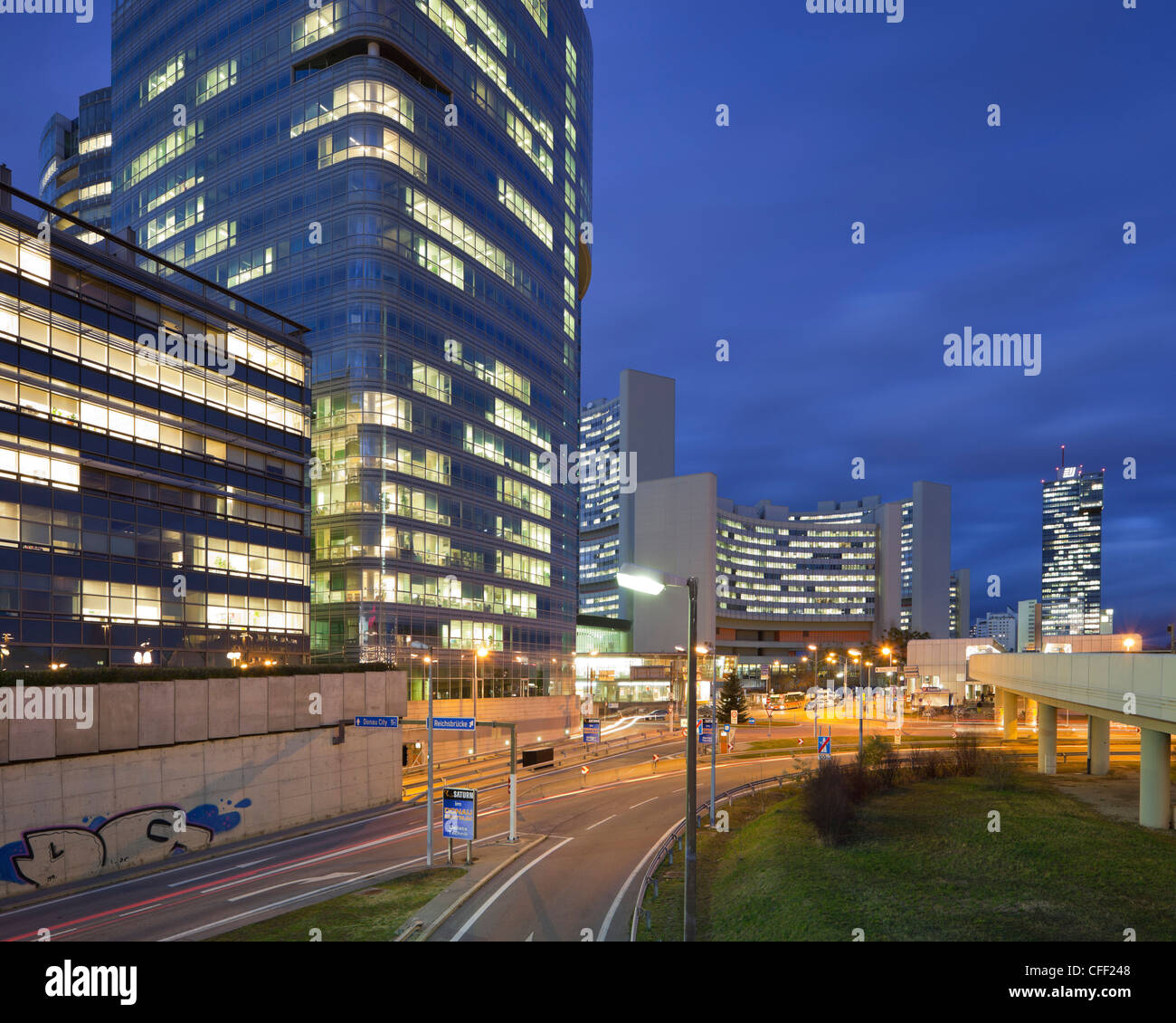 High rise buildings under clouded sky at night, 22. Bezirk, Donaustadt ...