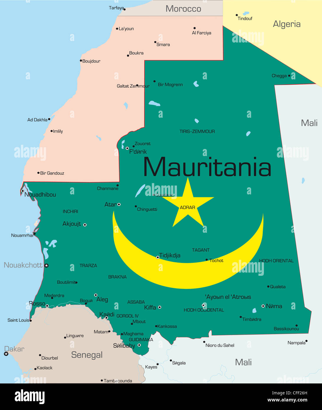 Abstract vector color map of Mauritania country colored by national ...