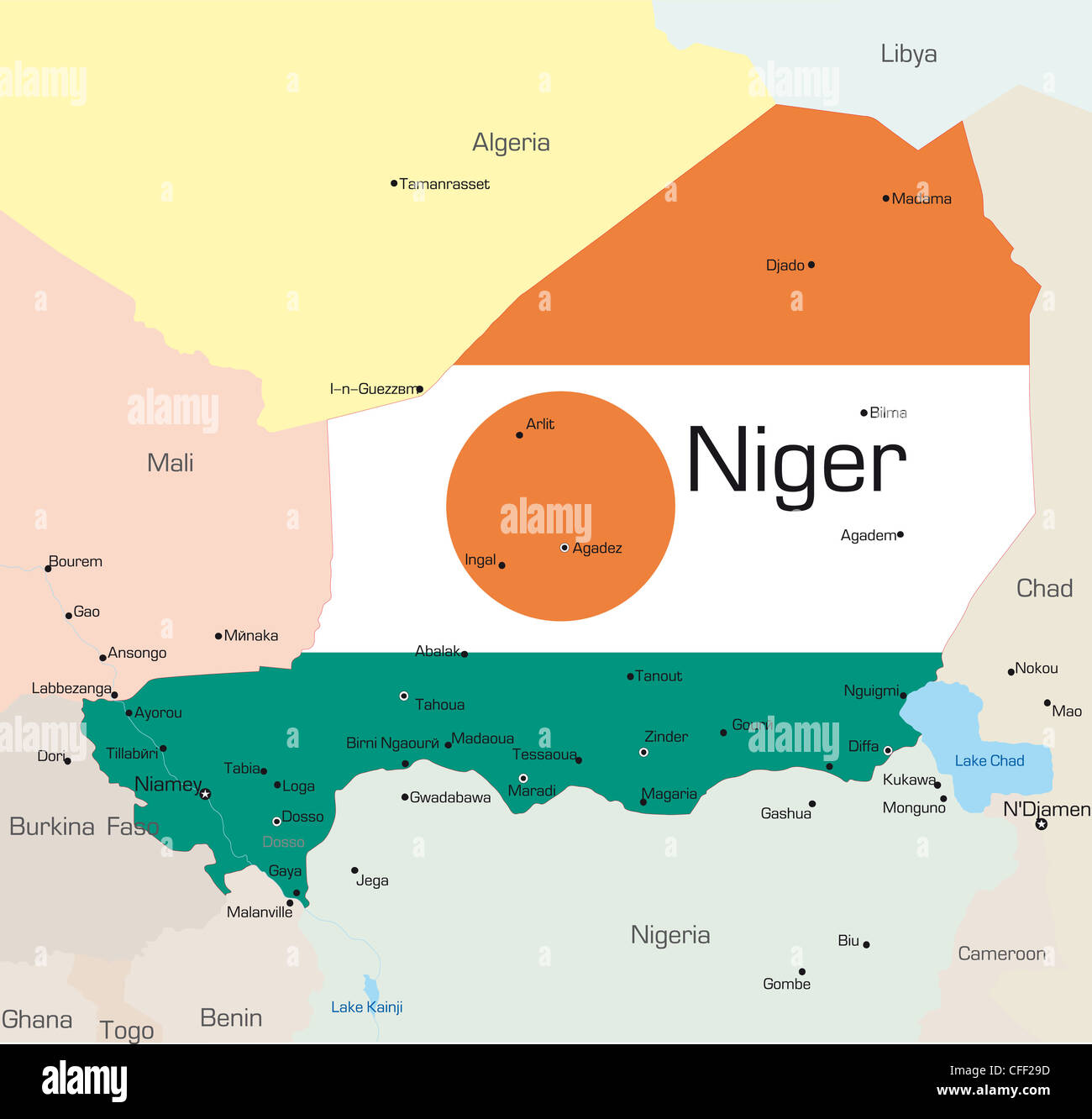 Abstract vector color map of Niger country colored by national flag ...