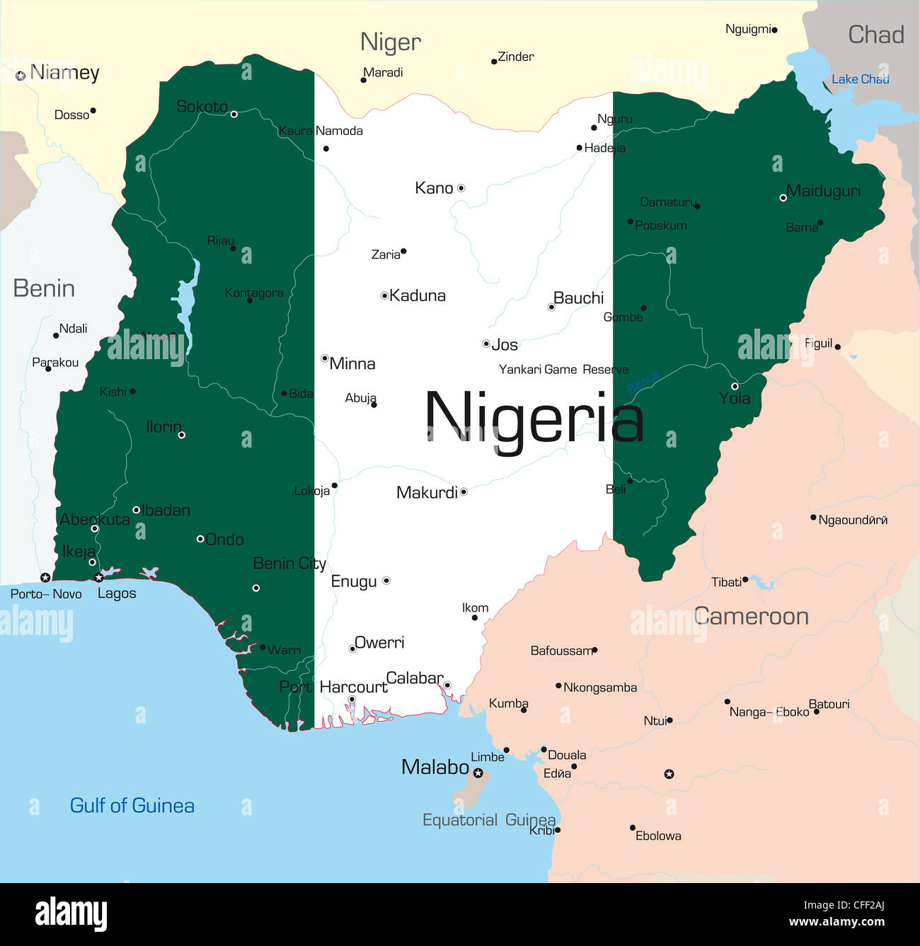 Abstract vector color map of Nigeria country colored by national flag ...