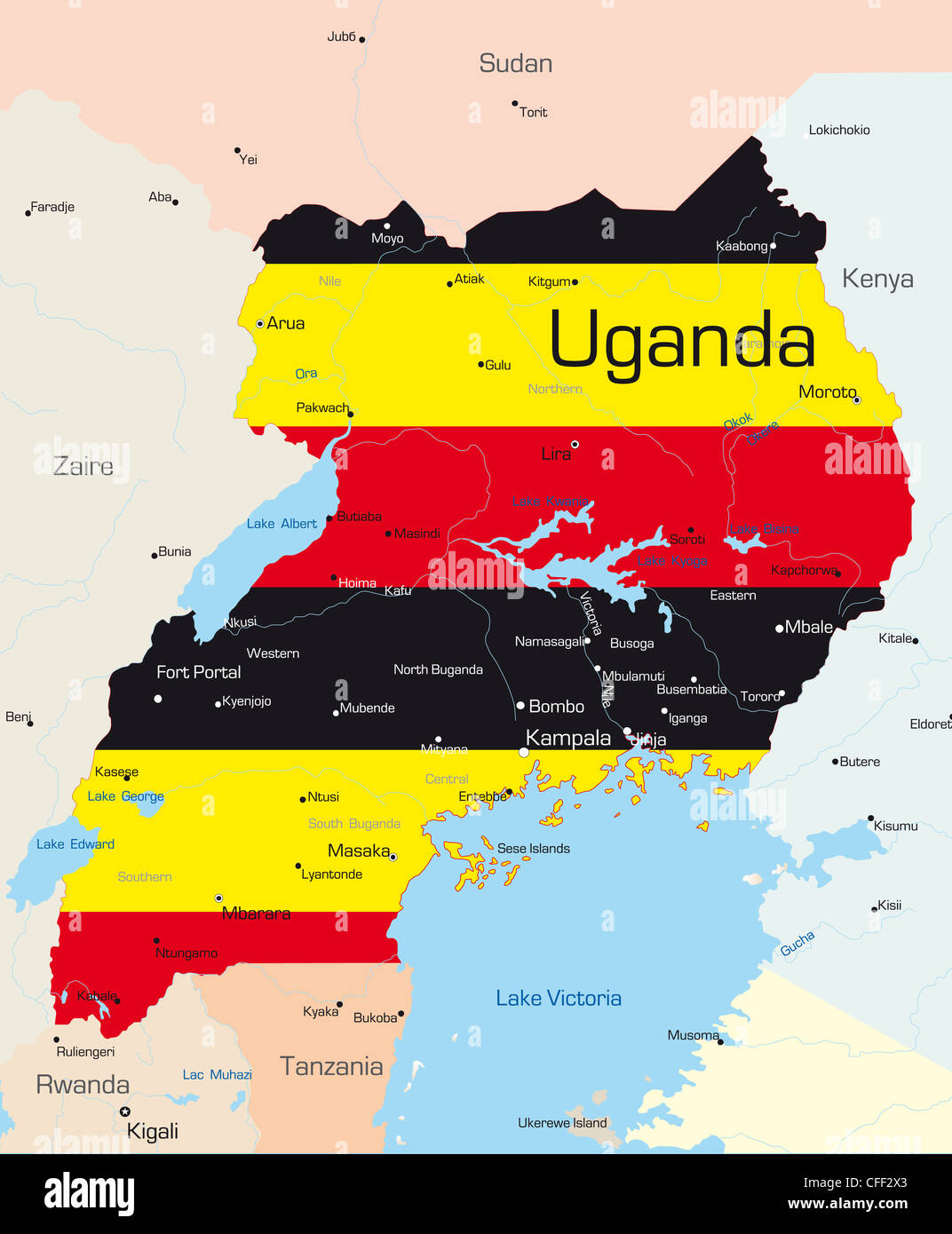 Abstract vector color map of Uganda country colored by national flag ...