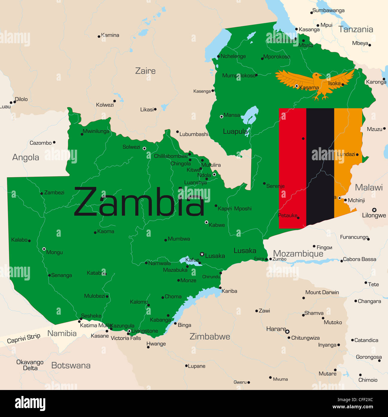 Abstract vector color map of Zambia country colored by national flag ...