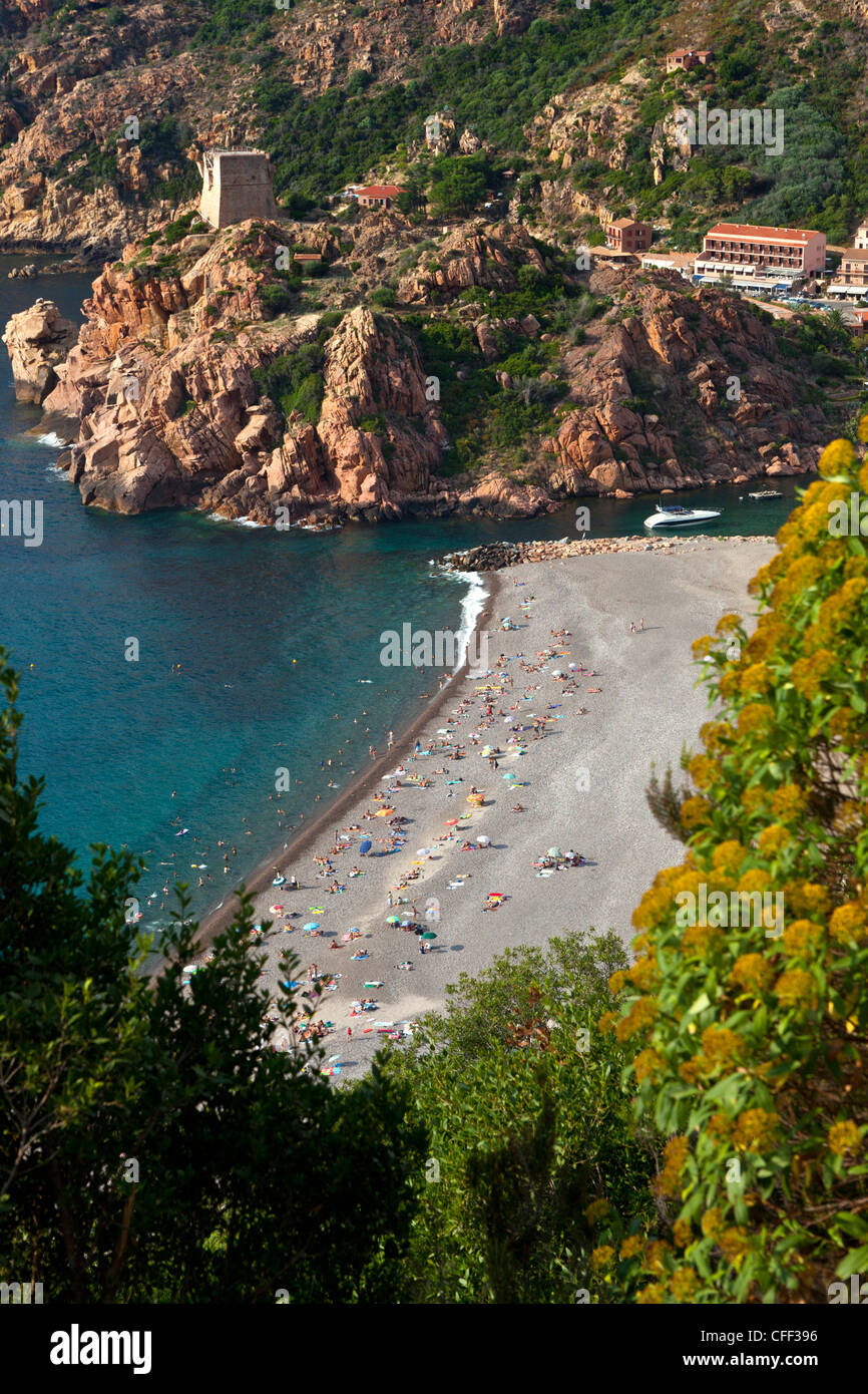 Porto and the beach and the genoese tower in the background, Corsica ...