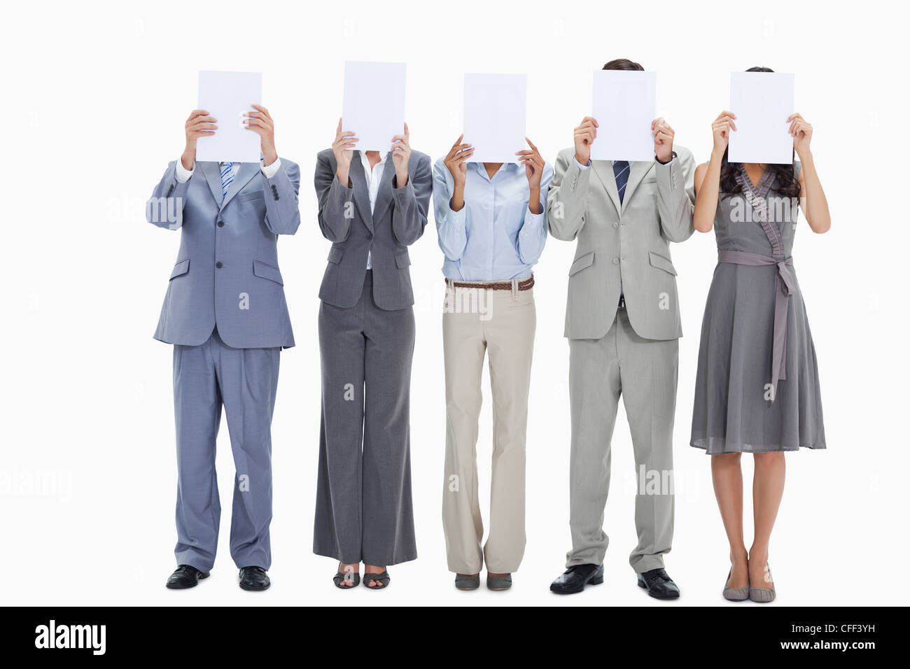Five business people hiding their faces behind small placards Stock ...