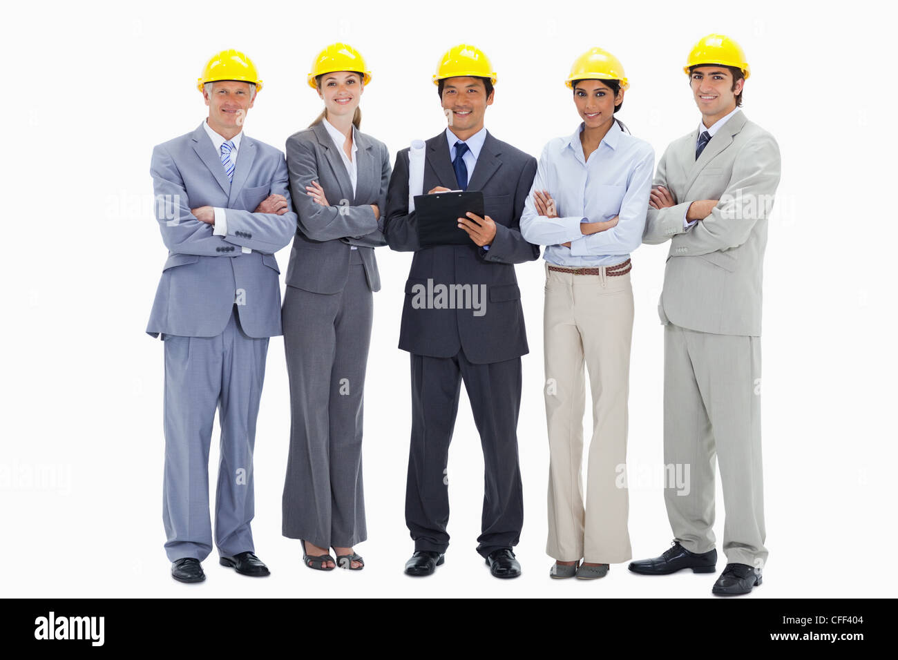 Architect surrounded by smiling business people Stock Photo - Alamy