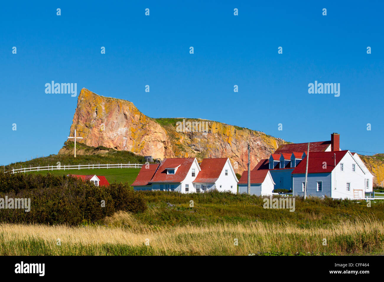 Cottages, Perce Rock, Perce, Gaspé Penninsula, Quebec, Canada Stock ...