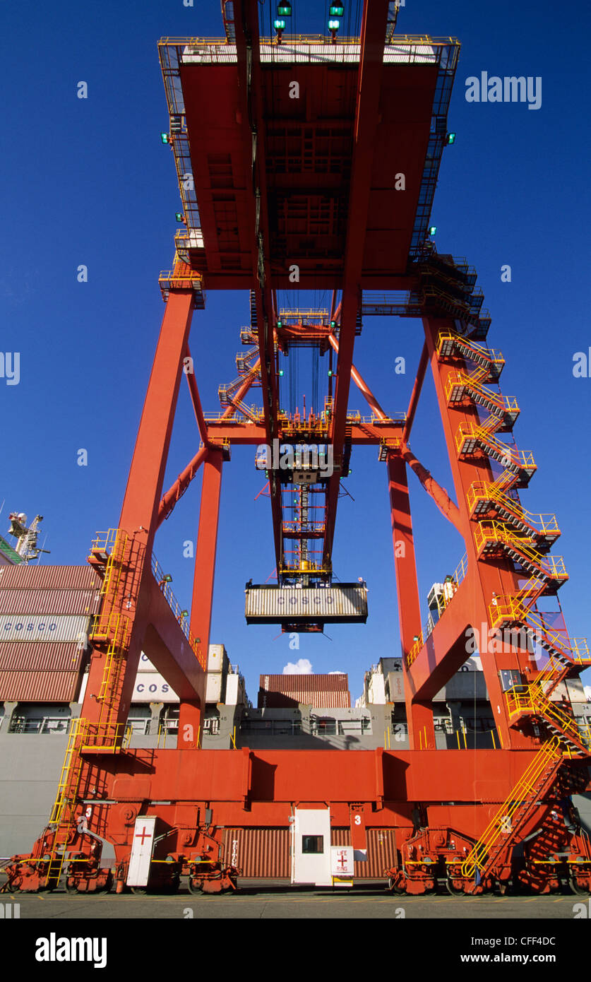 Terminal, Dock crane unloading a container ship, Port of Vancouver, British Columbia, Canada ...