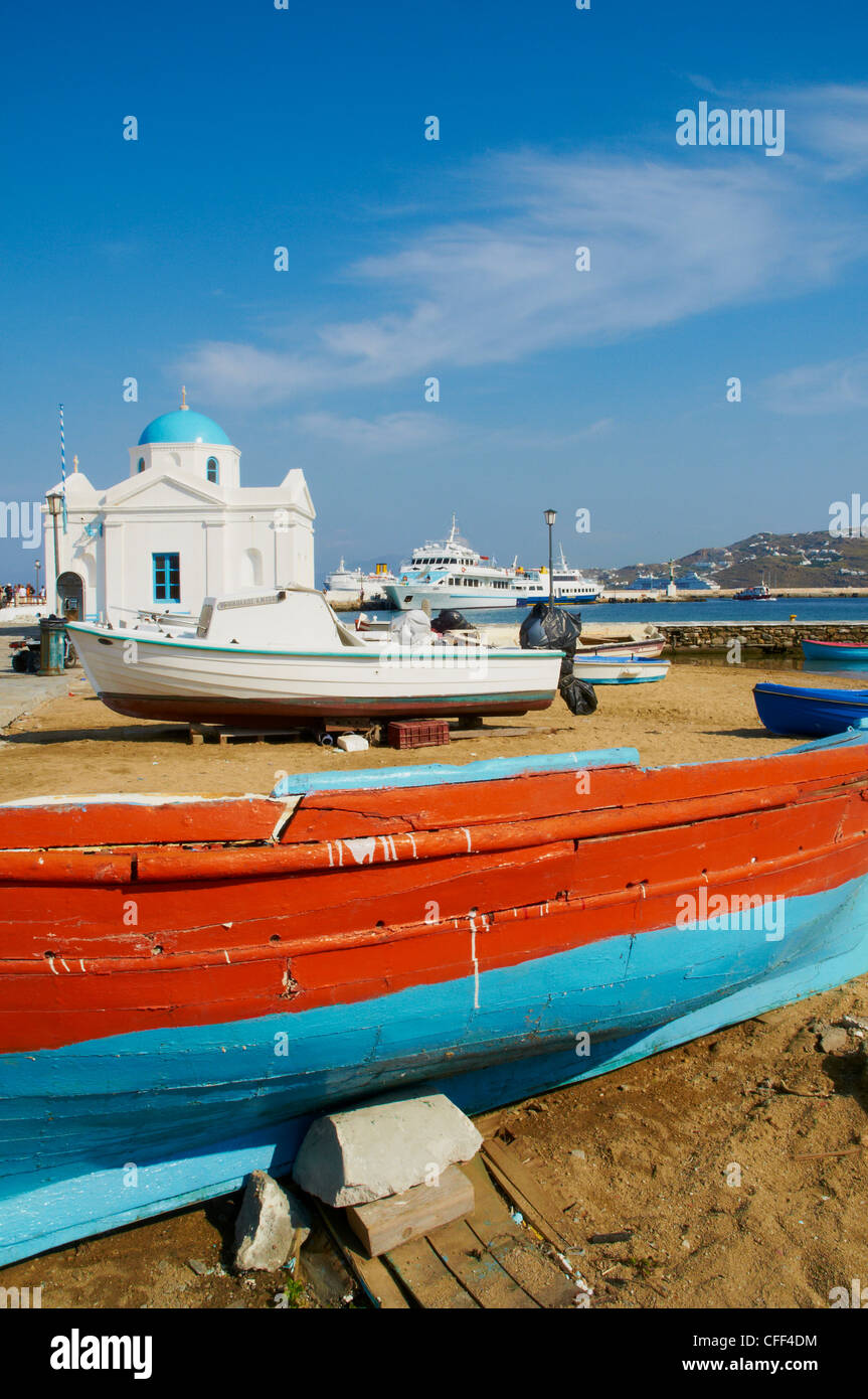White chapel with blue dome, harbour and boats, Hora, Mykonos, Cyclades ...