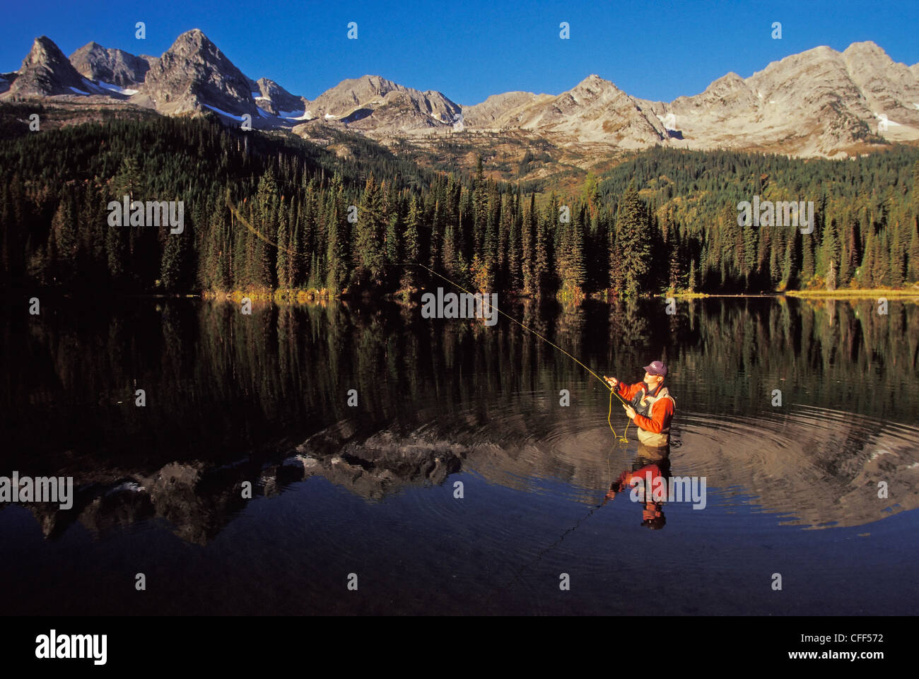 Young man fly-fishing on Island Lake in the Lizard Range near Fernie ...