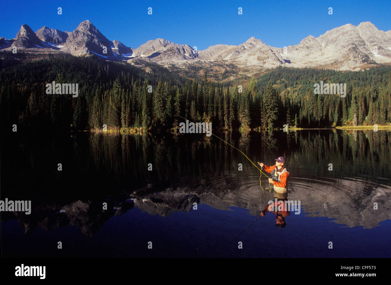 Young man fly-fishing on Island Lake in the Lizard Range near Fernie ...
