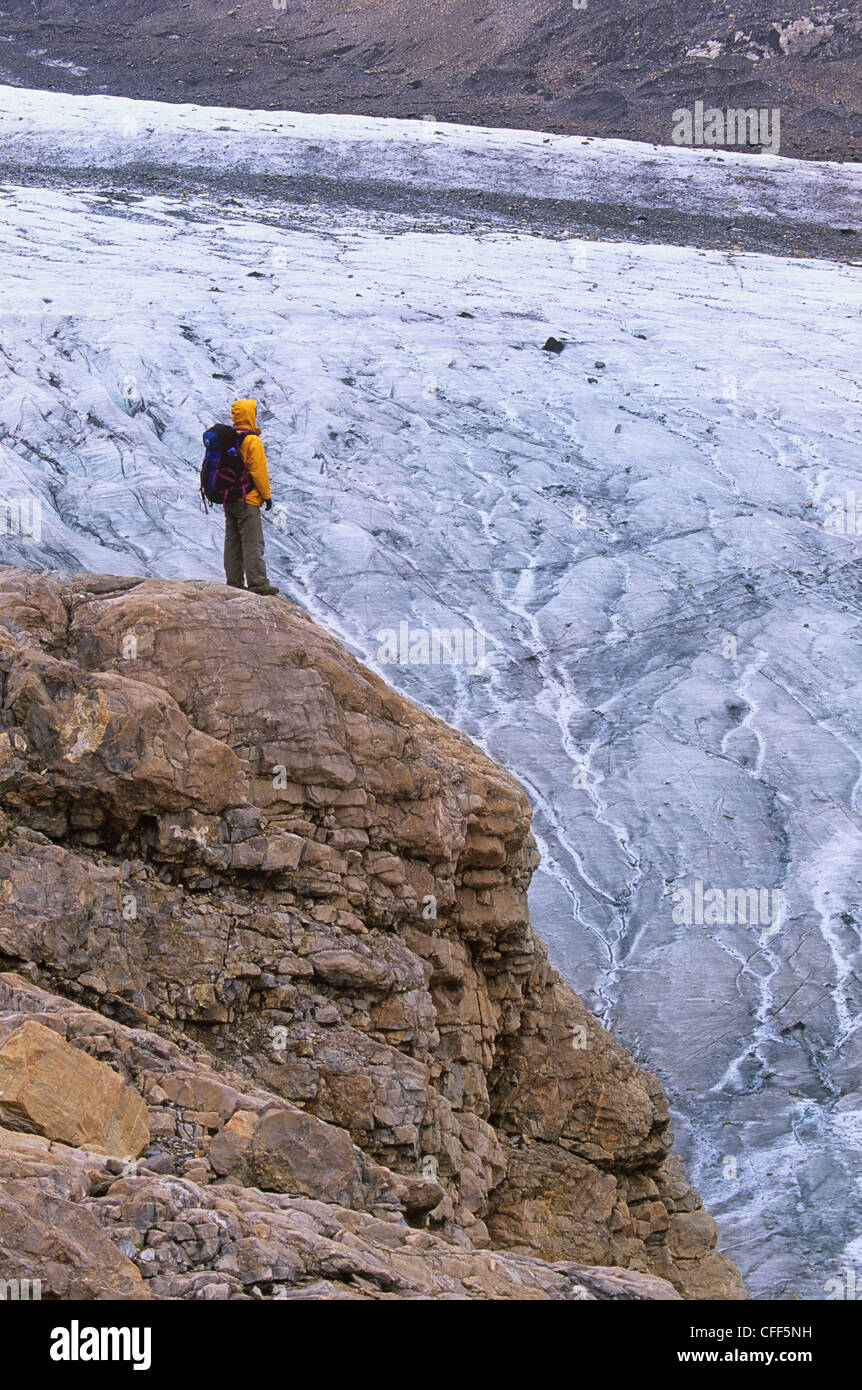 hiker stands heavily crevassed Robson Glacier Stock Photo - Alamy