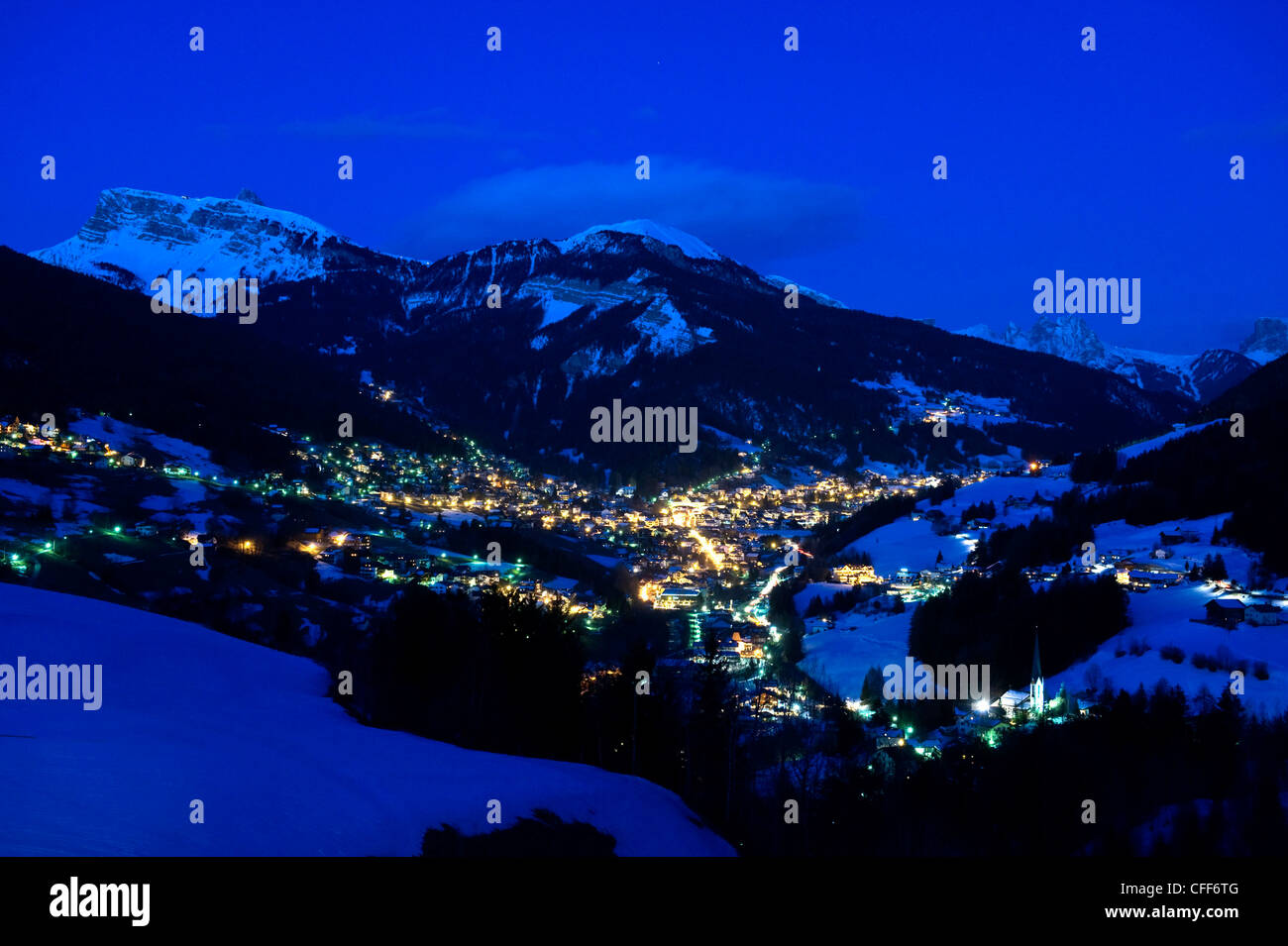 View of mountain village Groeden at night, Groeden, Val Gardena, Alto ...