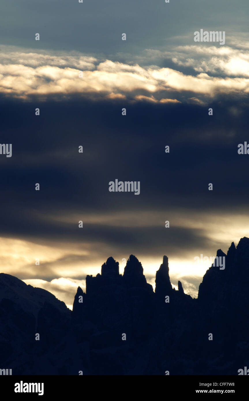 Vajolet Towers in the back light, Rosengarten, Dolomites, Alto Adige ...