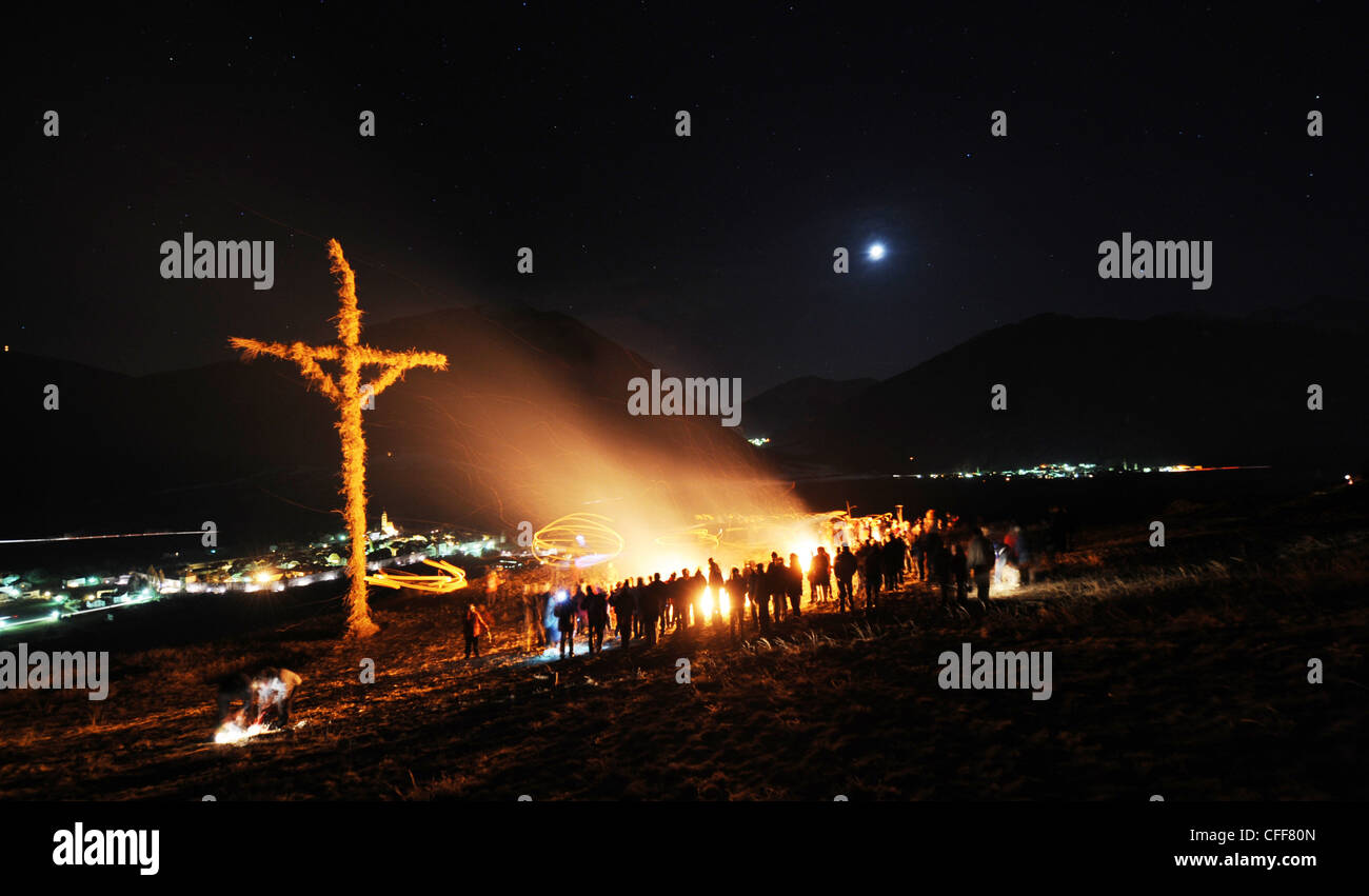 South Tyrol custom, flaming disc launching, Vinschgau, Alto Adige ...