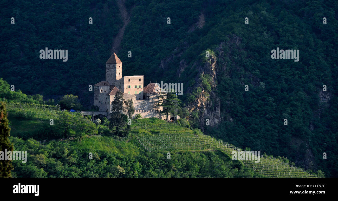 View of Karneid castle in front of a mountainside, Eggental valley ...