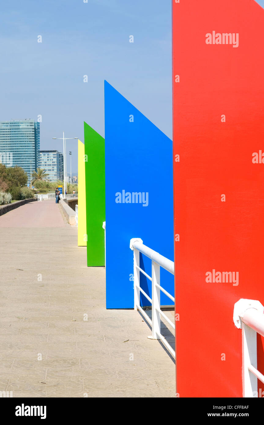 Colourful modern sculptures along beach promenade in Barcelona Stock ...