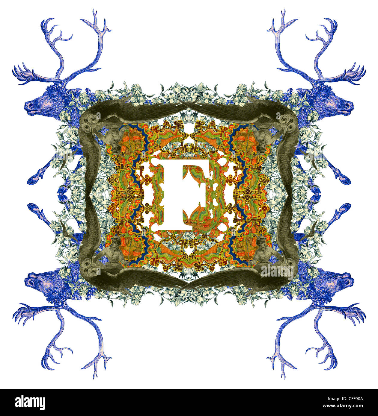 Vintage initials letter F, after a old commercial paper of the Russian ...