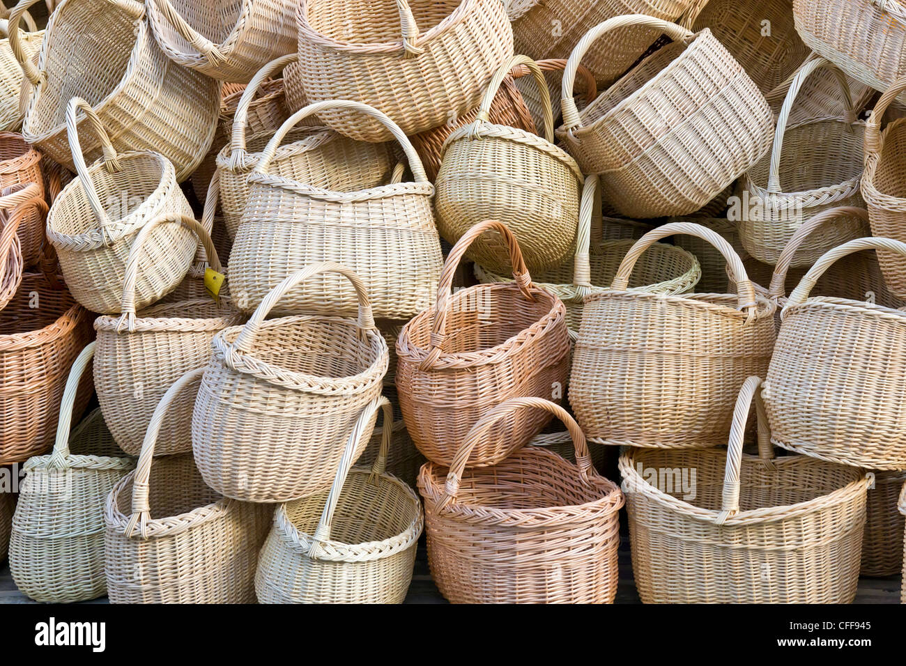 Many of wattled handmade rural baskets heap background Stock Photo - Alamy
