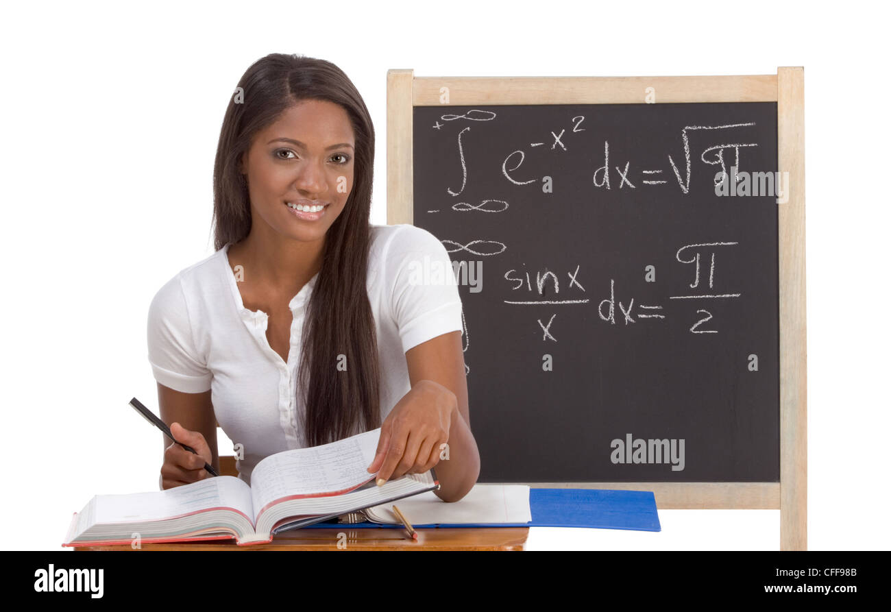 High school or college ethnic African-American female student at math ...
