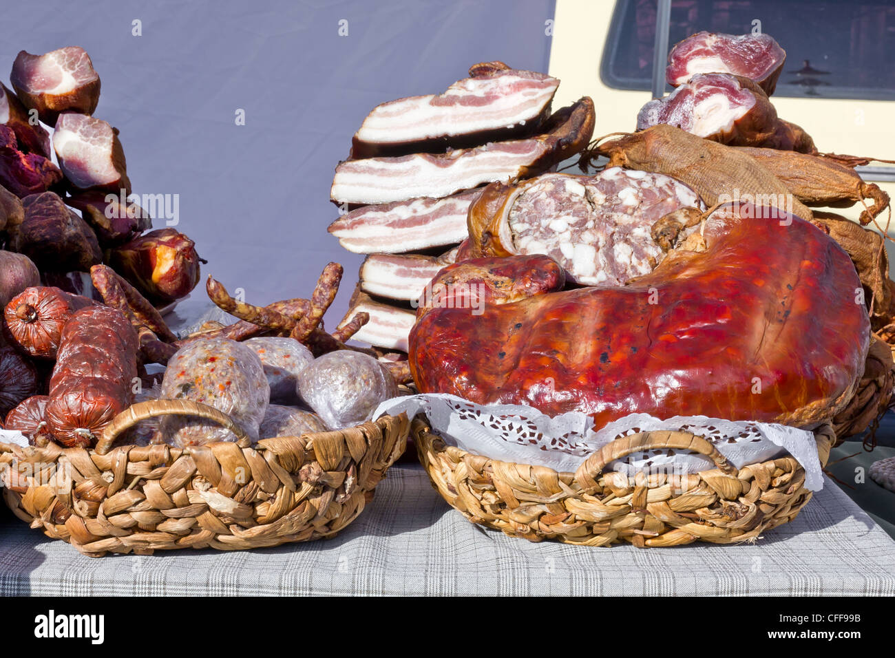 Fatty smoked pork beef tasty meat sausage ham bacon is sold on the ...