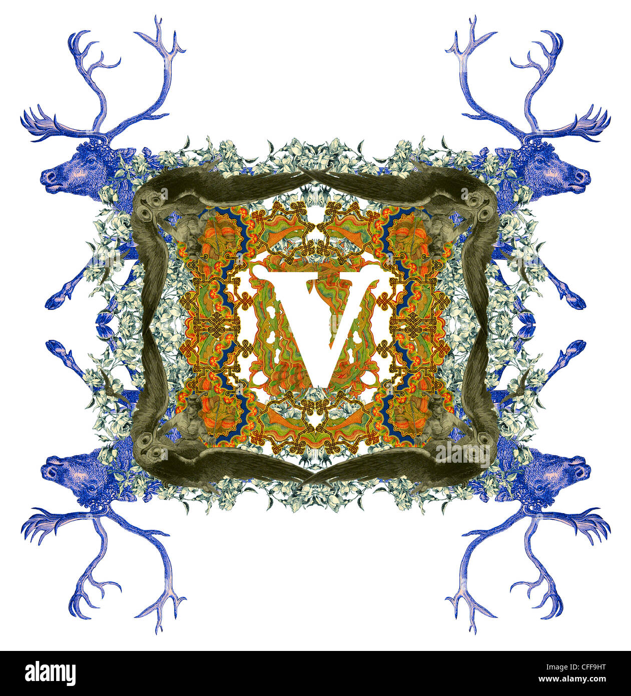 Vintage initials letter V, after a old commercial paper of the Russian ...