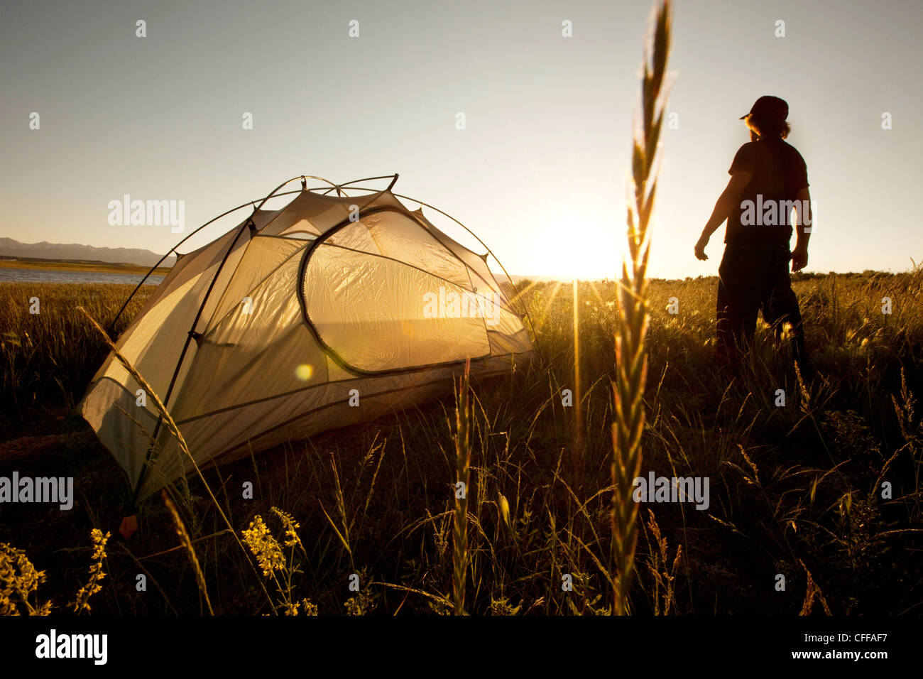 Person standing next to tent hi-res stock photography and images - Alamy