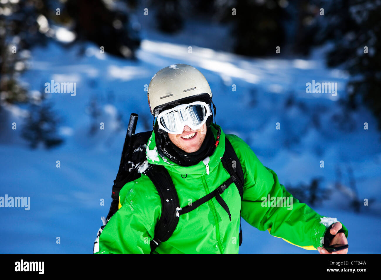 A happy skier smiles after skiing fresh powder in Colorado Stock Photo ...