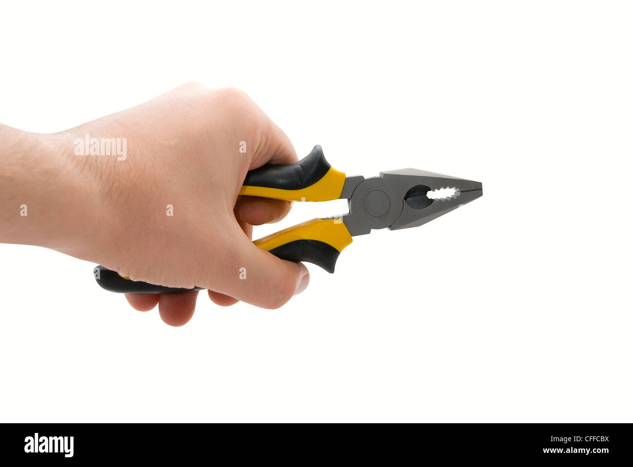 Male hand with black and yellow pliers isolated over white background ...