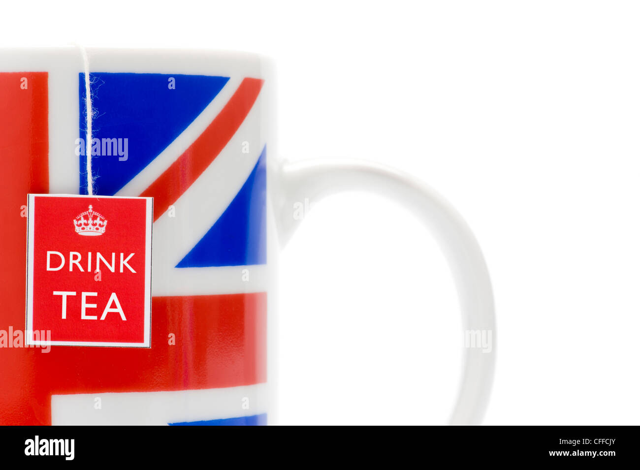 Union Jack mug of tea with "Drink Tea" teabag string hanging down the ...