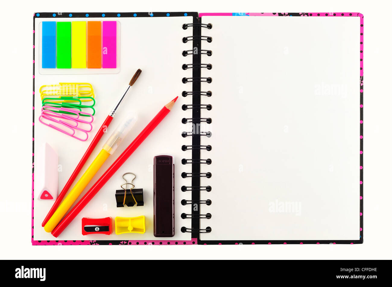 view of the office tools on white background Stock Photo - Alamy