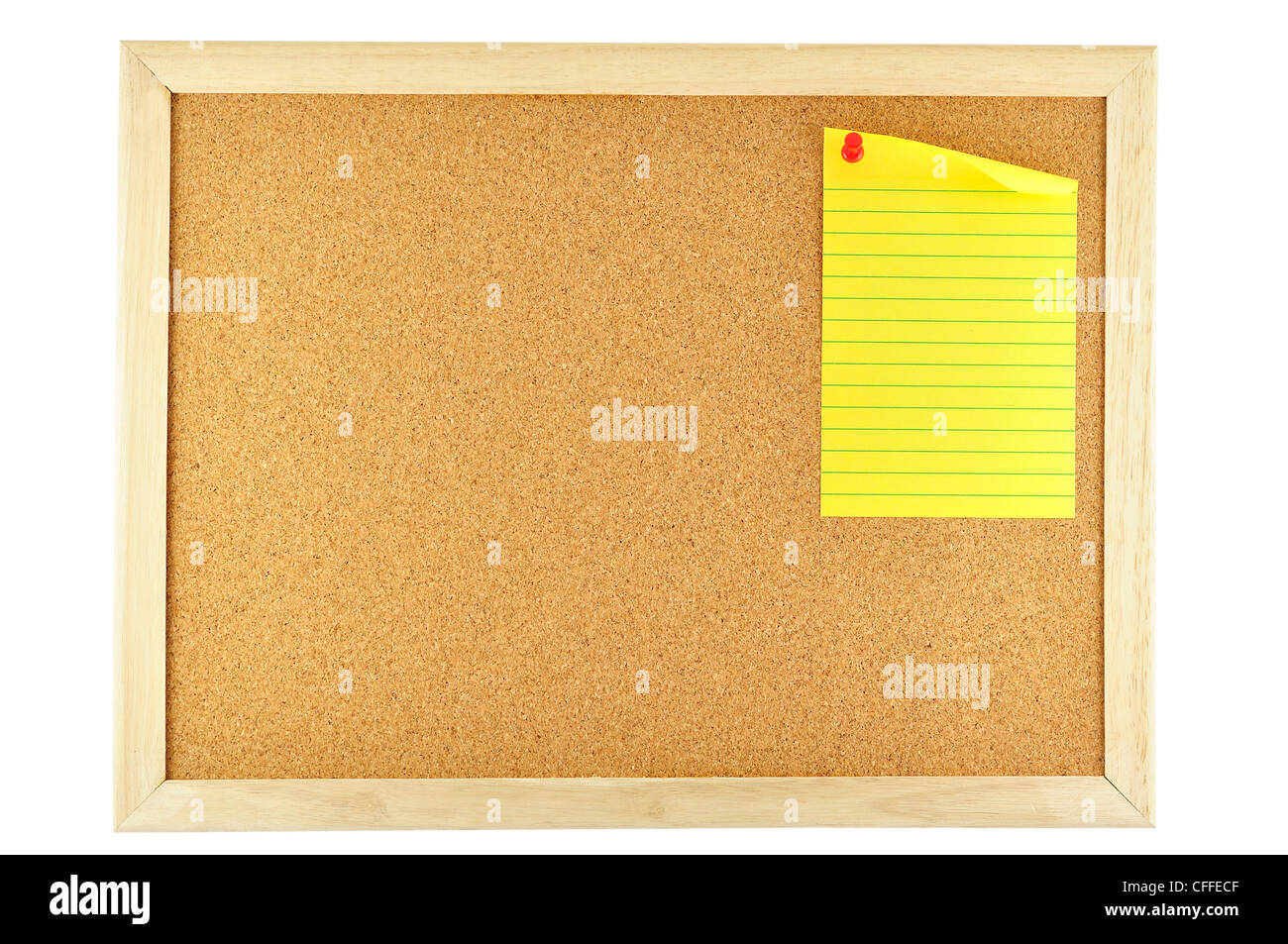 yellow paper sticky note pinned on cork notice board Stock Photo - Alamy
