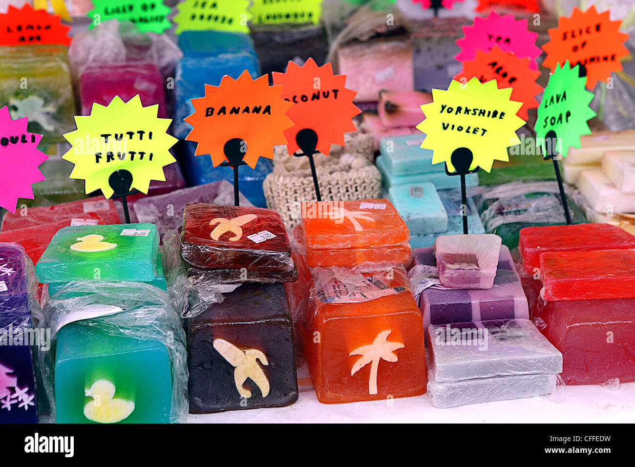 Market stall selling soap hi-res stock photography and images - Alamy