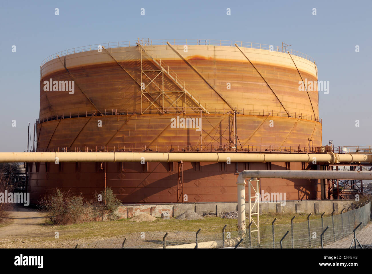 A gasometer, also known as a gas holder or gas bell. Used for the ...