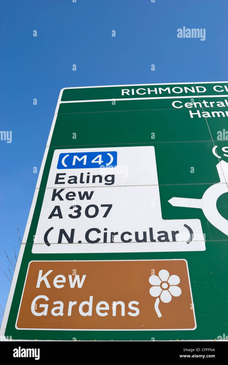 british traffic sign showing routes and directions around kew gardens ...