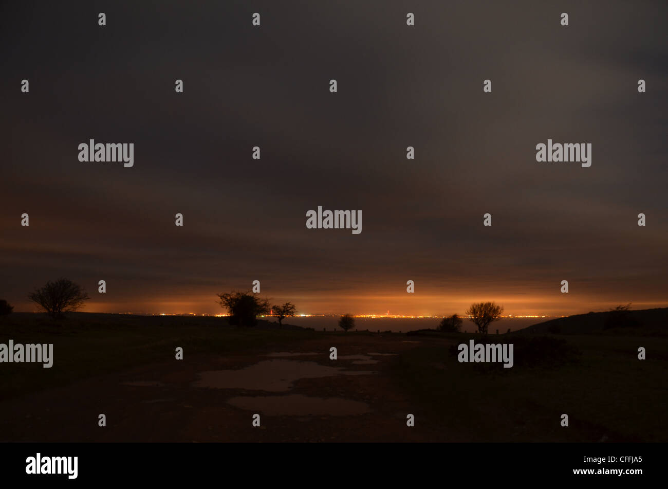 South Wales lights at night taken from Somerset Stock Photo - Alamy