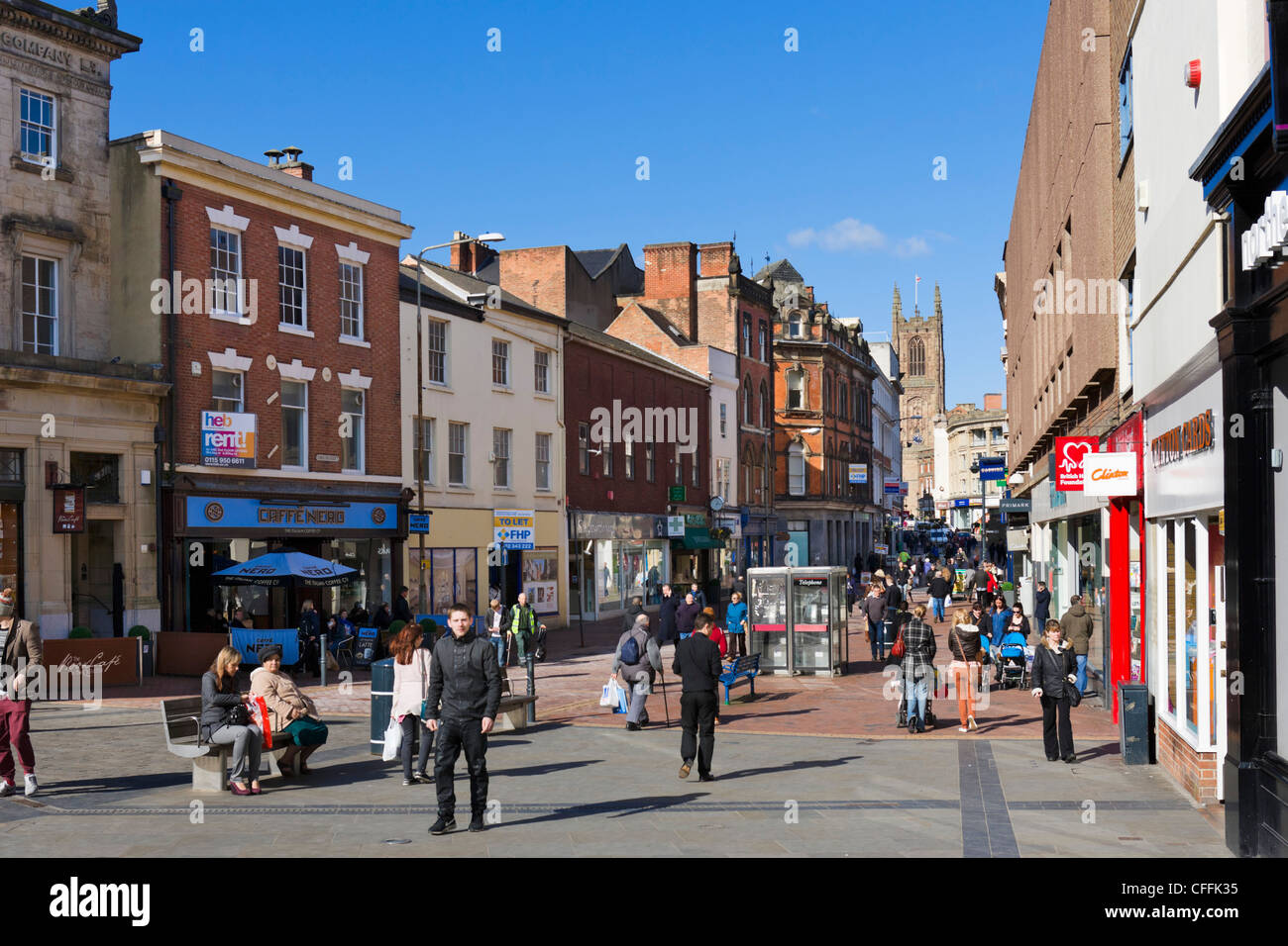 Shops on Cornmarket in the city centre looking towards the cathedral ...