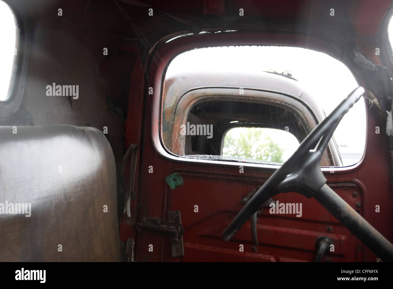 Old Truck Steering Wheel and Window Stock Photo - Alamy