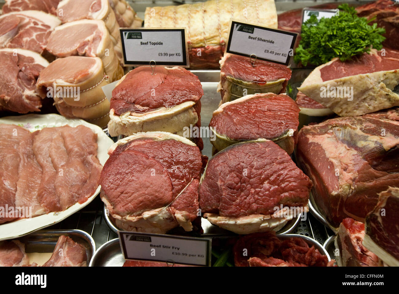 Beef topside & silverside joints displayed in a butchers shop Stock ...