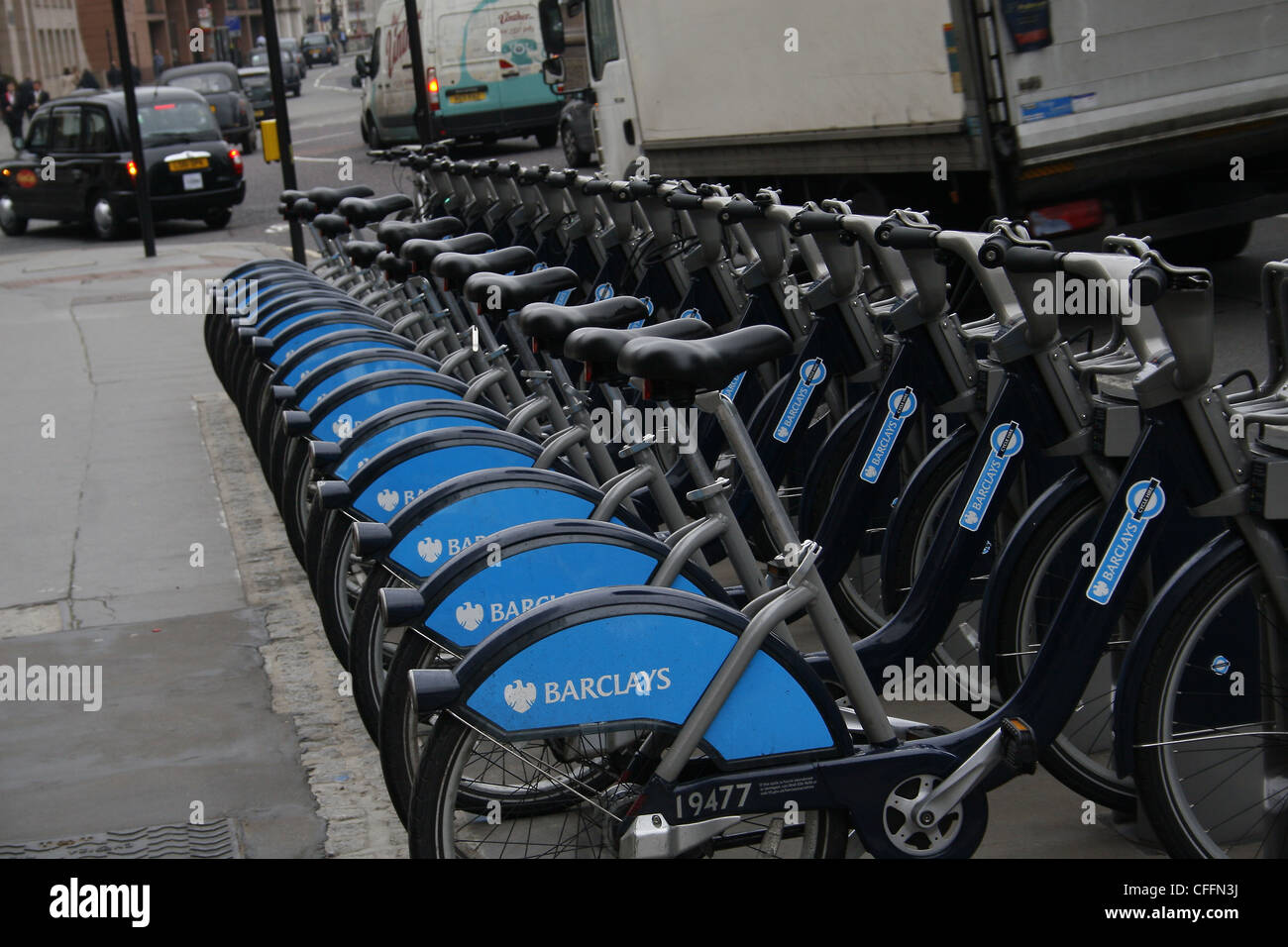 Barclays bikes in a row. Holborn Viaduct, London, England, UK Stock ...