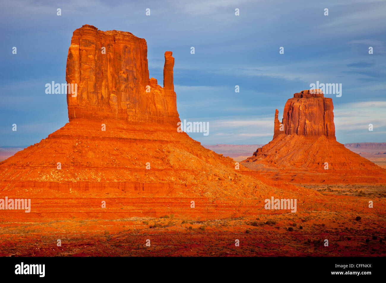 The east and west Mittens at sunset, Monument Valley, Arizona USA Stock ...