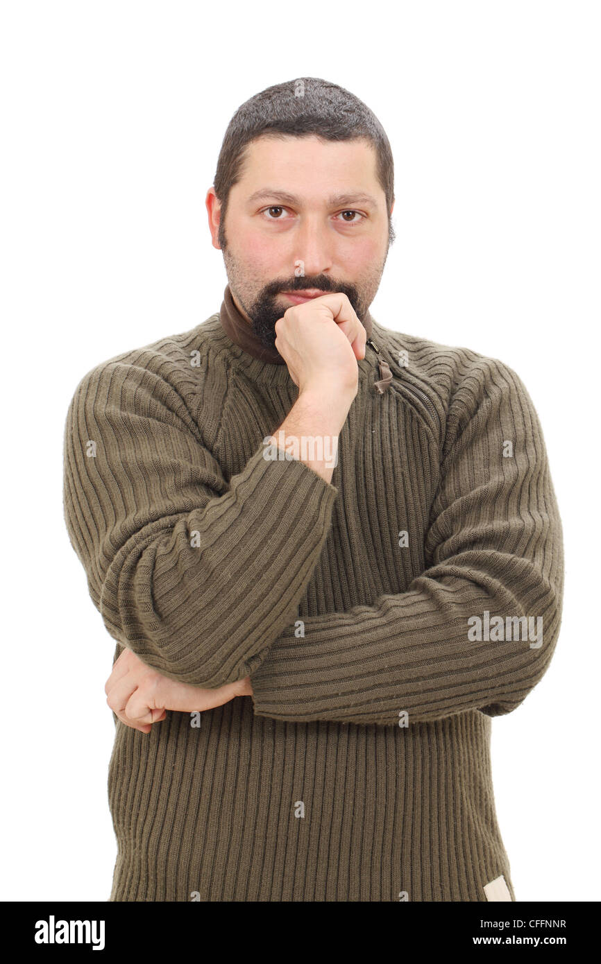 Portrait of man thinking on white background Stock Photo - Alamy