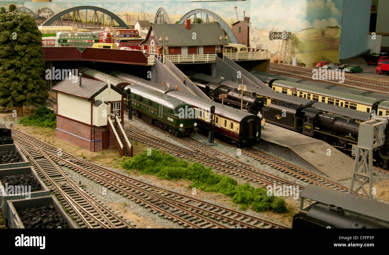 Model Railway Layout showing various trains and models Stock Photo - Alamy