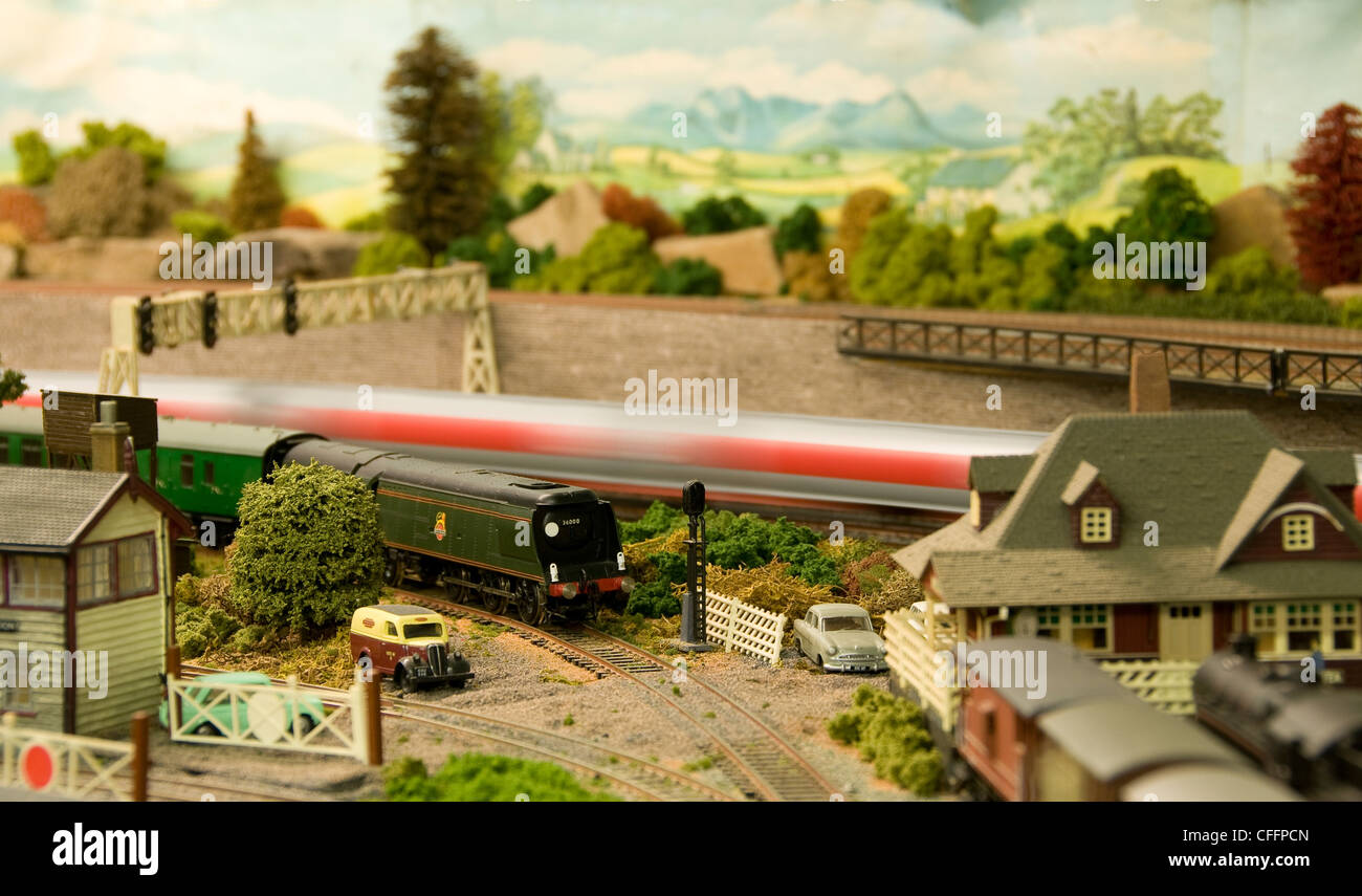 Model Railway Layout showing various trains and models Stock Photo - Alamy