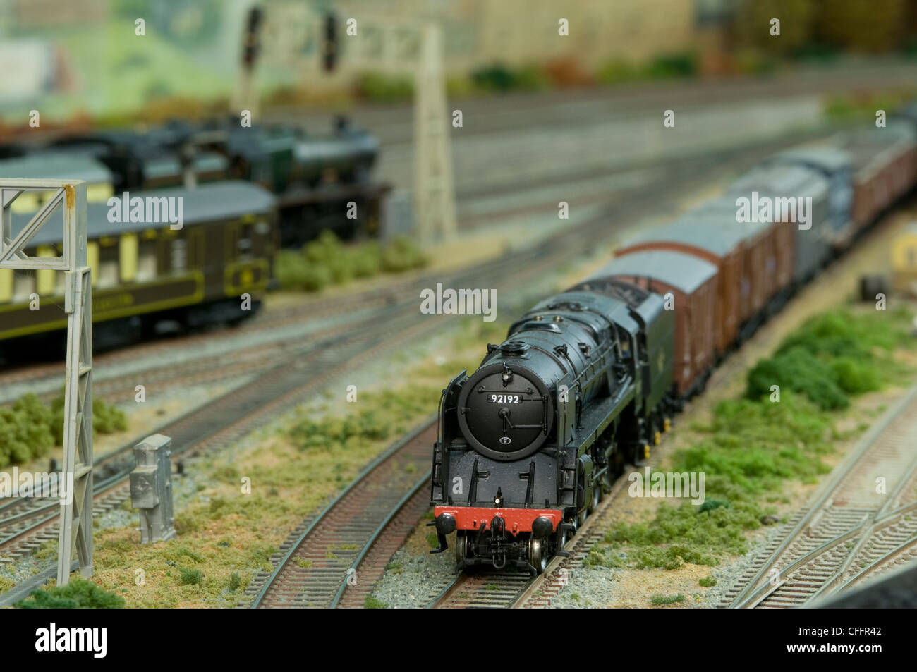 Model Railway Layout showing various trains and models Stock Photo - Alamy