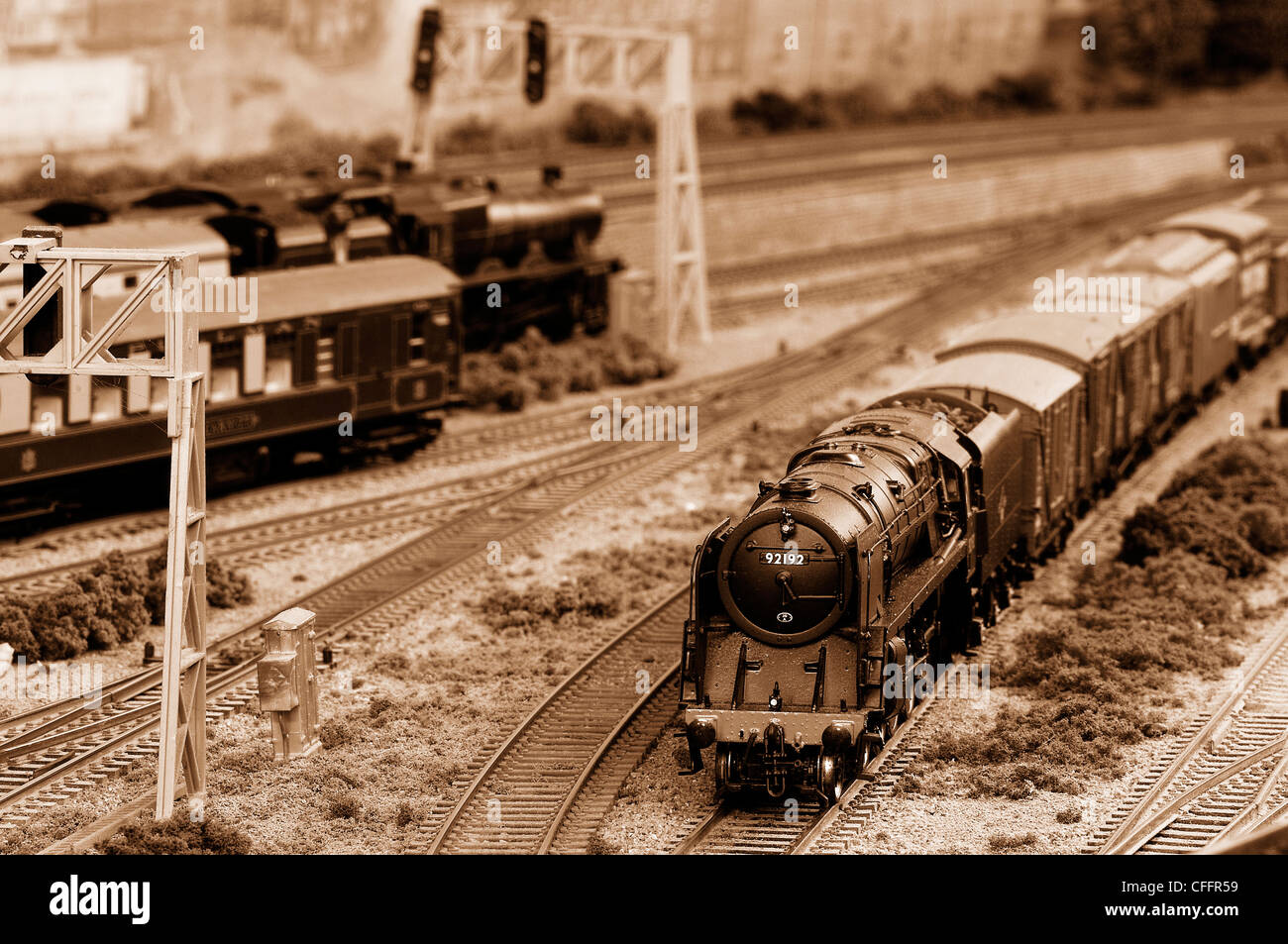 Model Railway Layout showing various trains and models Stock Photo - Alamy
