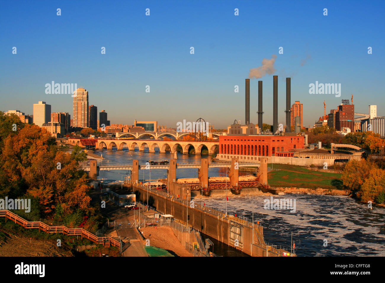 Industrial river hub near downtown Minneapolis, Minnesota Stock Photo ...