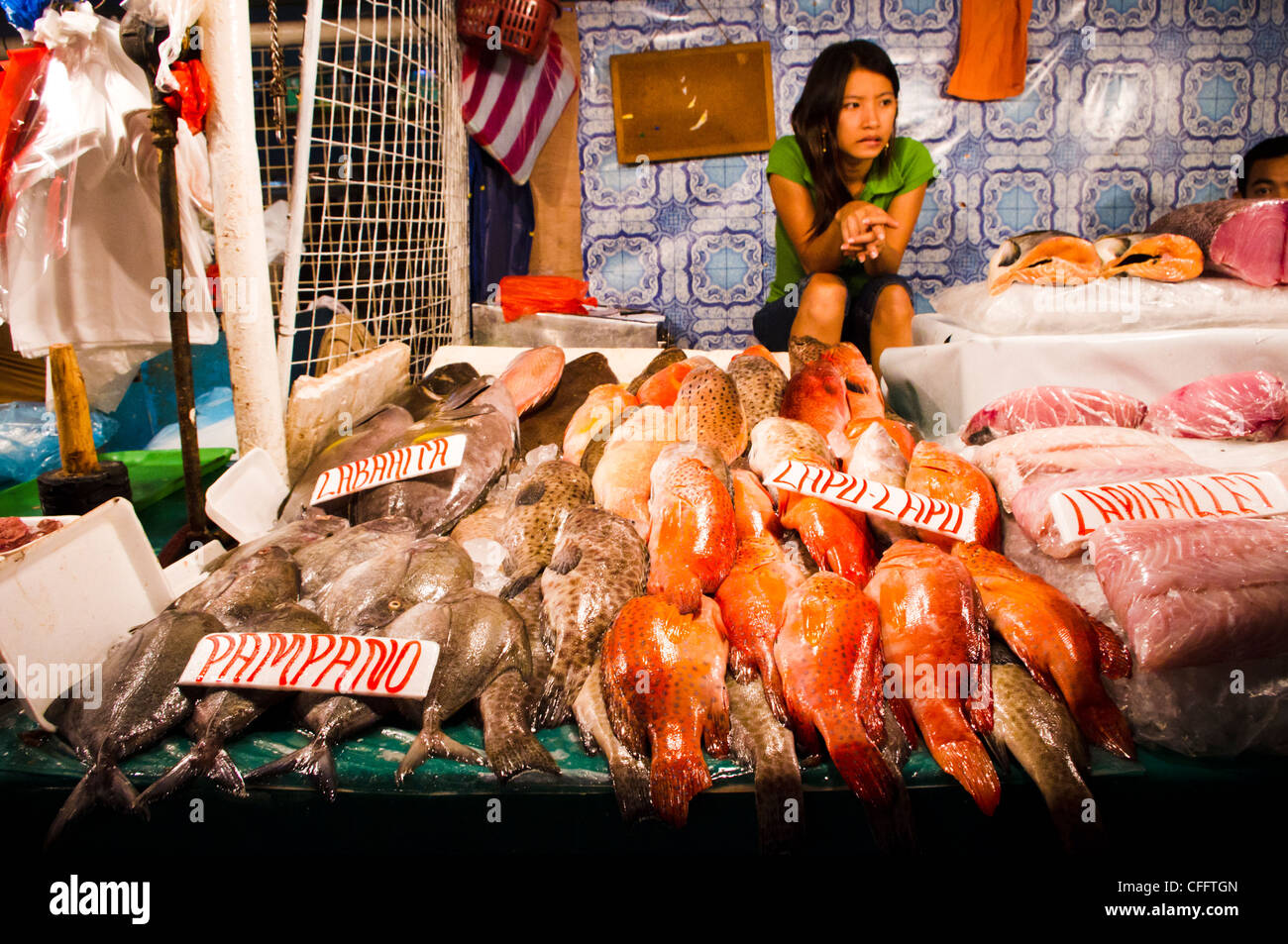 fish stall with a lady vendor, with many kind of fish. Photo is taken ...