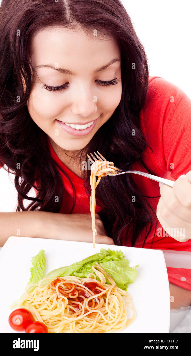 beautiful woman eating spaghetti Stock Photo - Alamy
